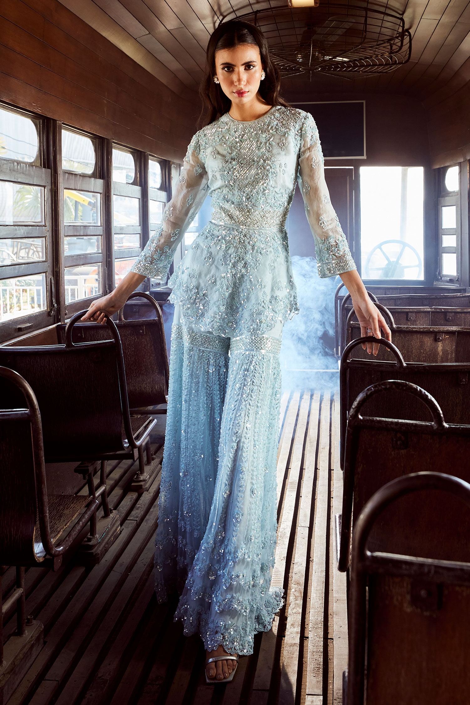 Buy Blue Net Embroidered Sequins Sapphire Peplum Tunic And Sharara Set ...