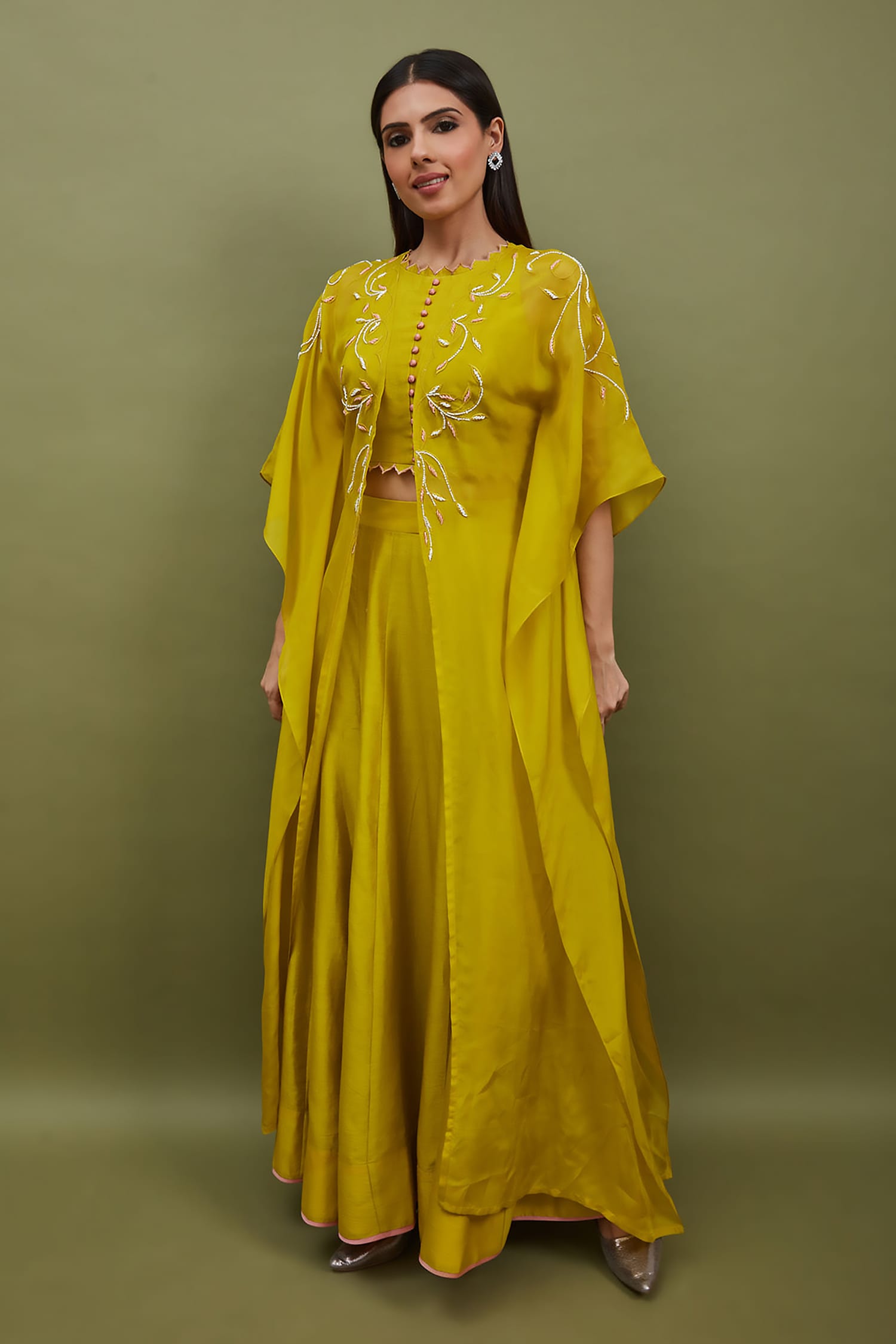Buy Sandhya Shah Yellow Embroidered Cape Lehenga Set Online | Aza Fashions