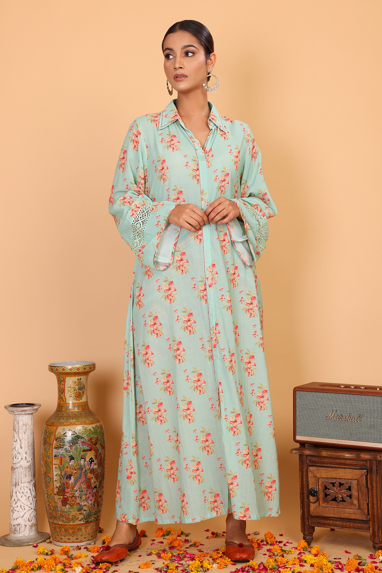 Buy Blue Cotton Georgette Floral Spread Collar Pattern Long Shirt Kurta ...