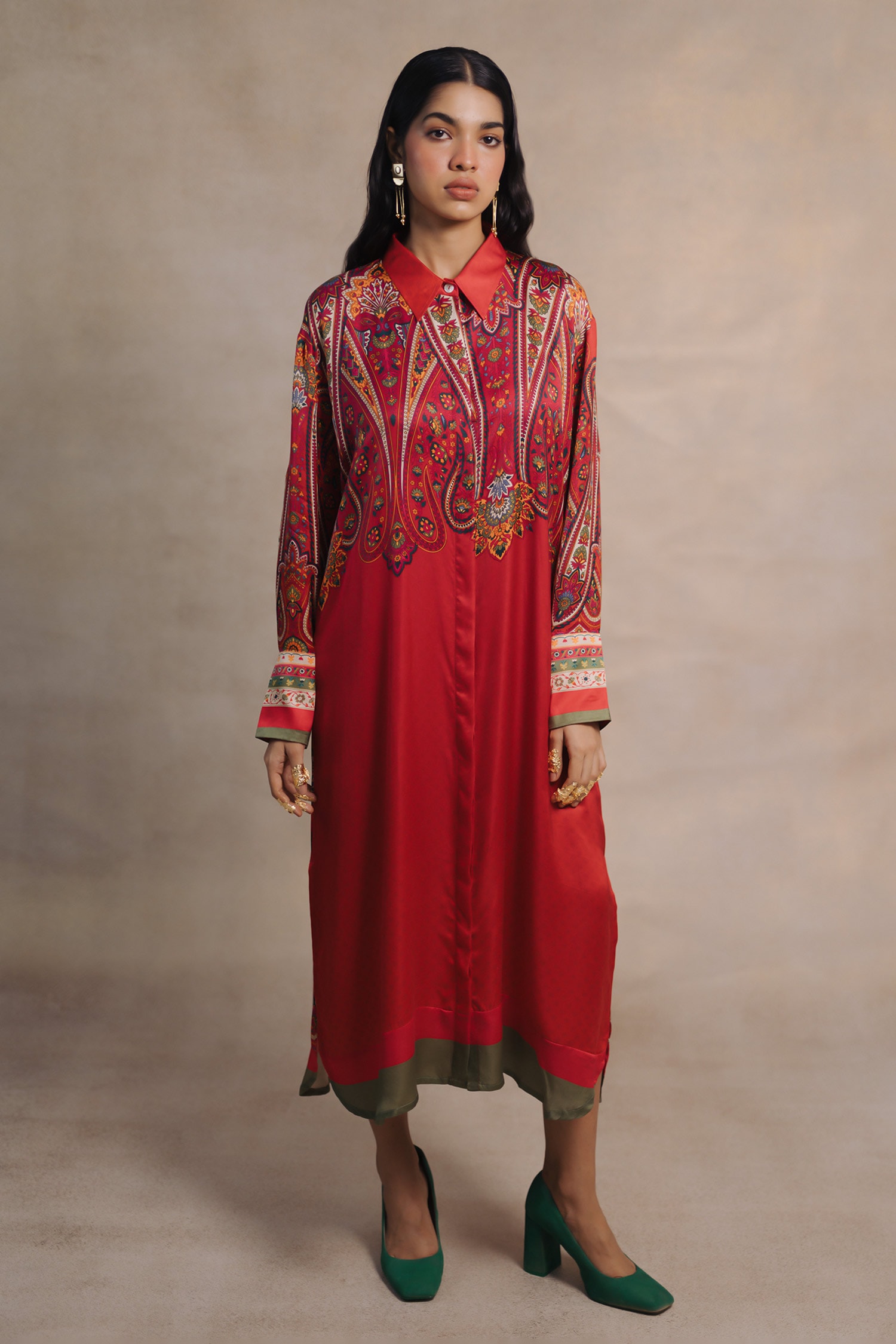 Buy Multi Color Twill Cotton Satin Paisley Shirt Collar Noon Kausar ...