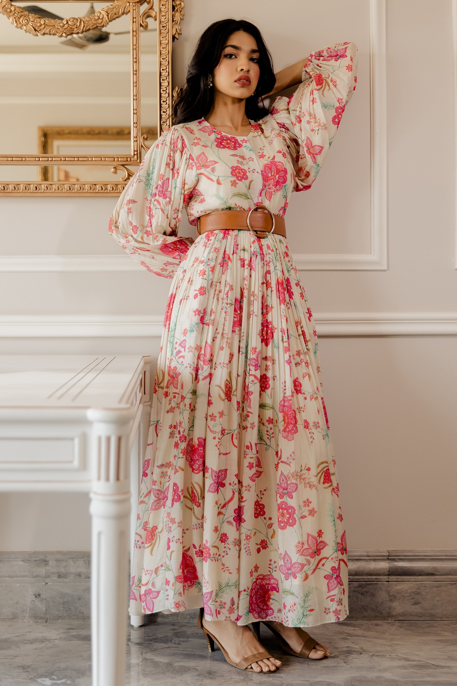 Buy White Dress Cotton Silk Inner Shantoon Printed Chintz Motifs Round ...