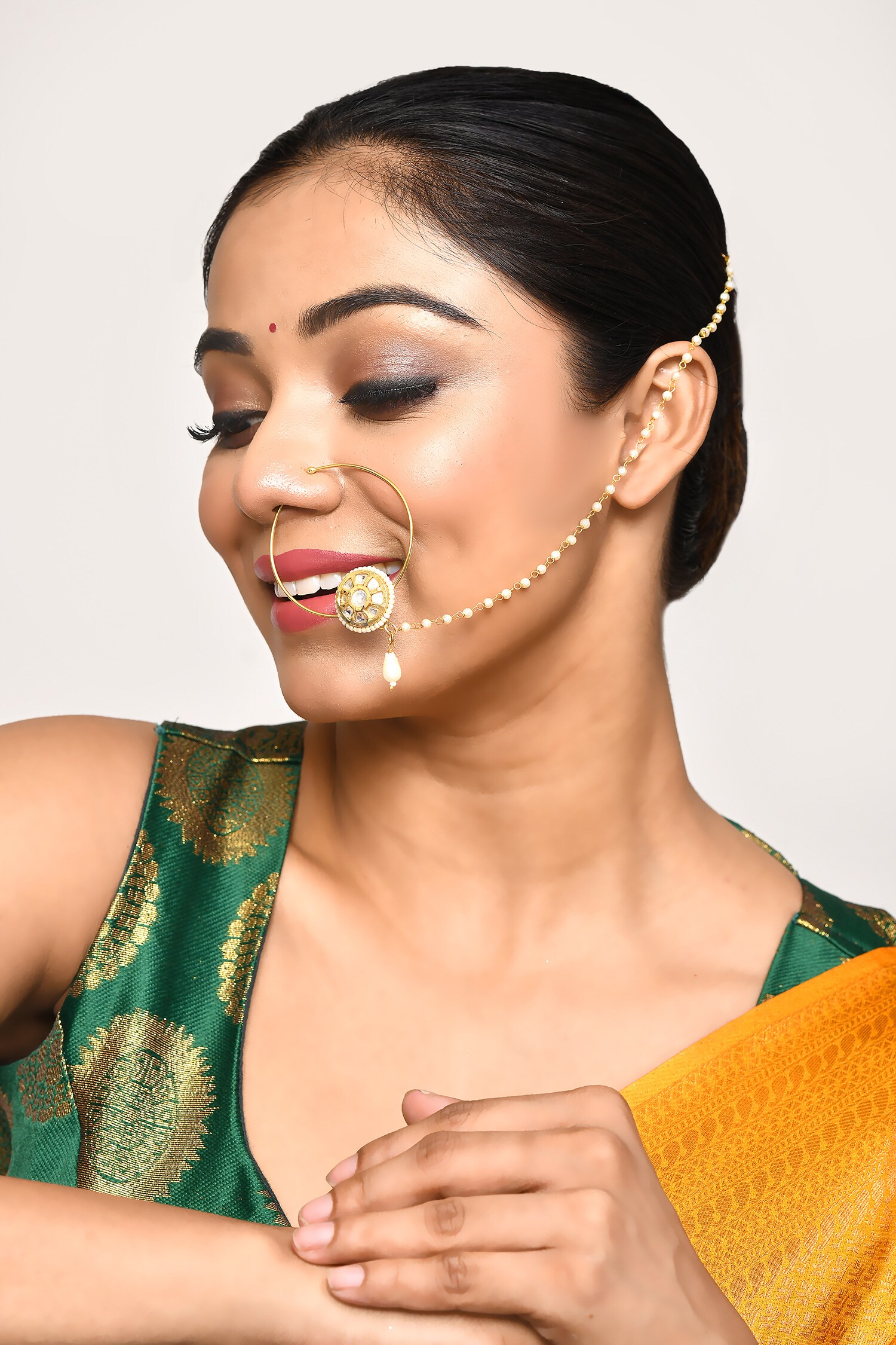 Buy Nayaab by Aleezeh Kundan Studded Pearl Drop Nose Ring Online | Aza ...
