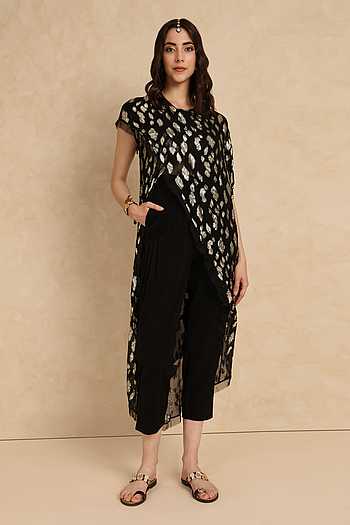 Buy Black Georgette Embroidered Bloom Round Blossom High Low Wrap Tunic ...