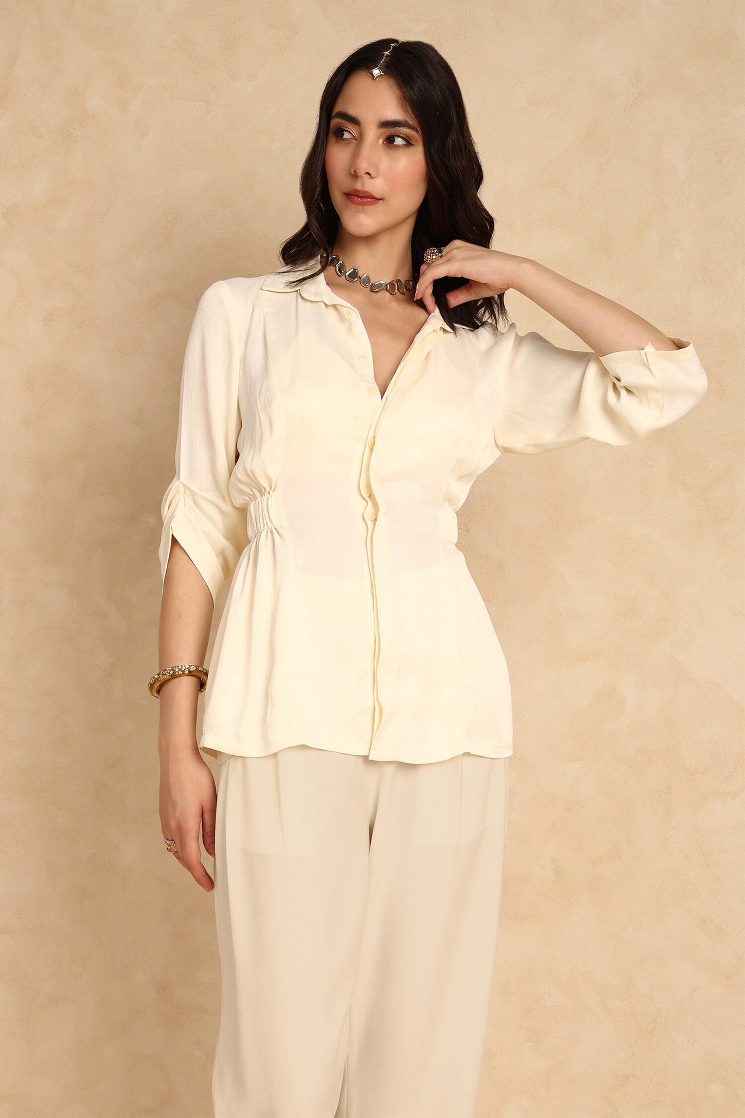 Buy Cream Satin Crepe Collar Backless Shirt For Women by Style Junkiie ...