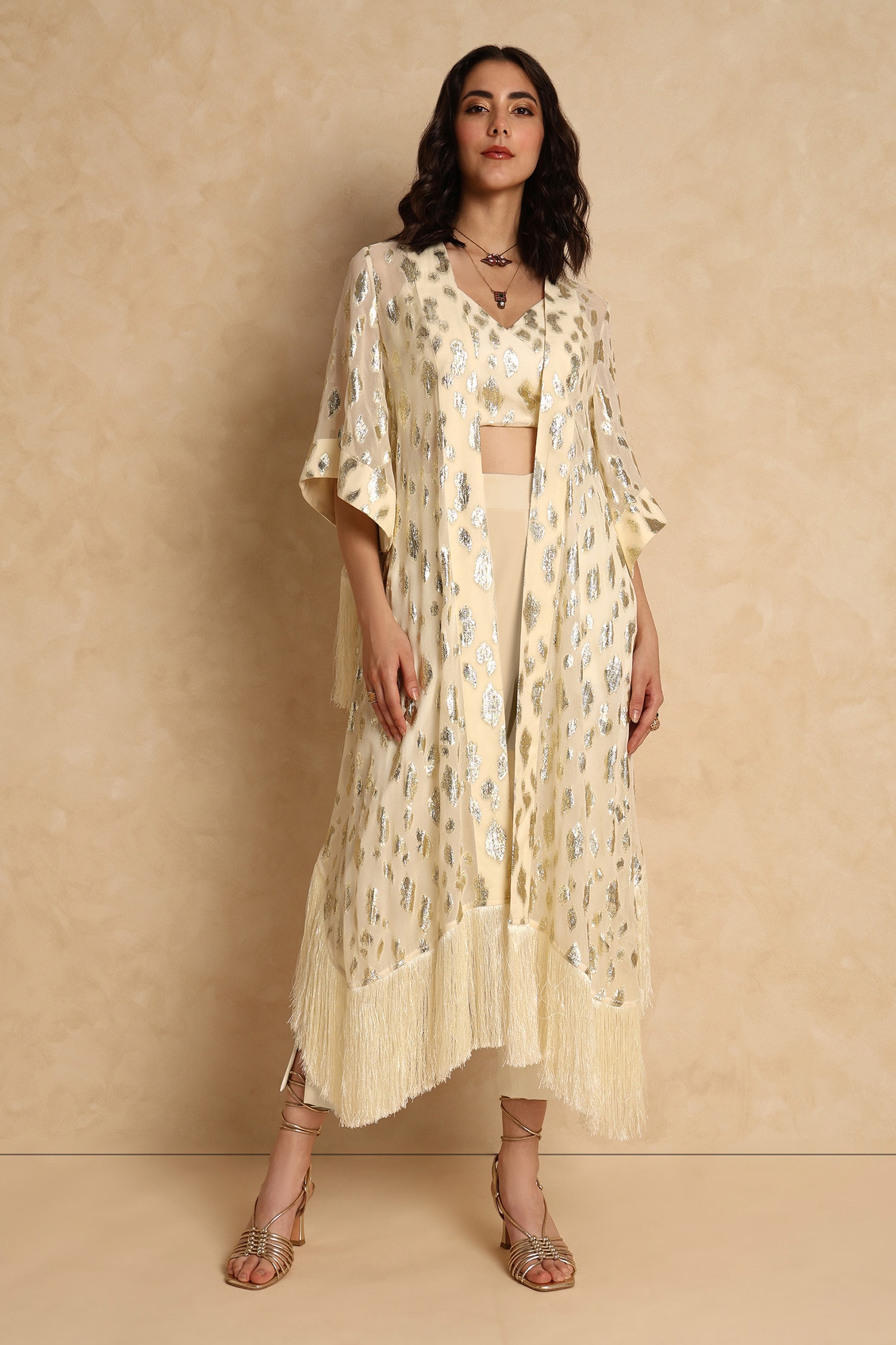 Buy Cream Self Embroidered Georgette Open Neck Fringe Duster Cape For ...