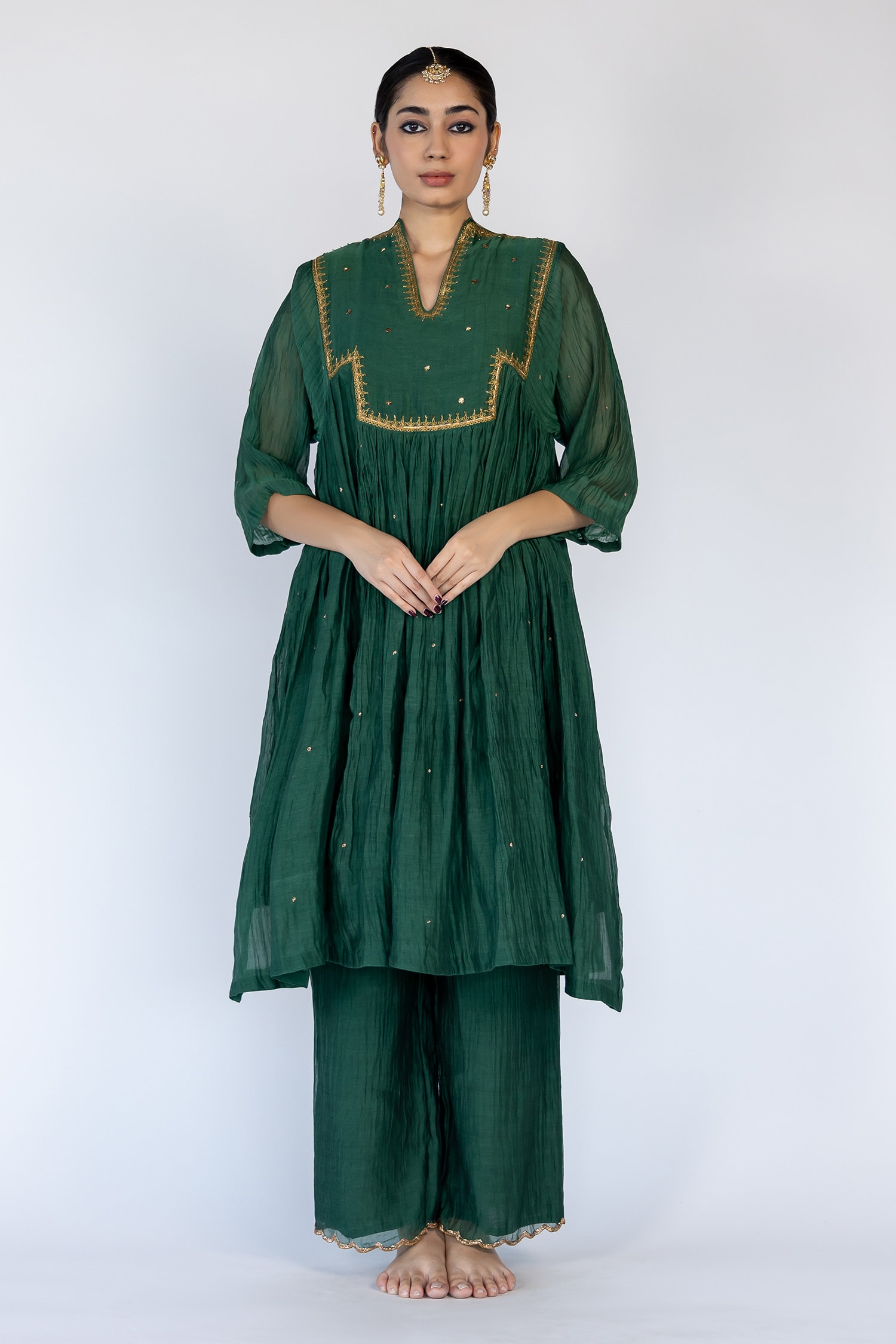 Buy Nirjara Chanderi Cotton Farah Yoke Embroidered Kurta And Pant Set ...