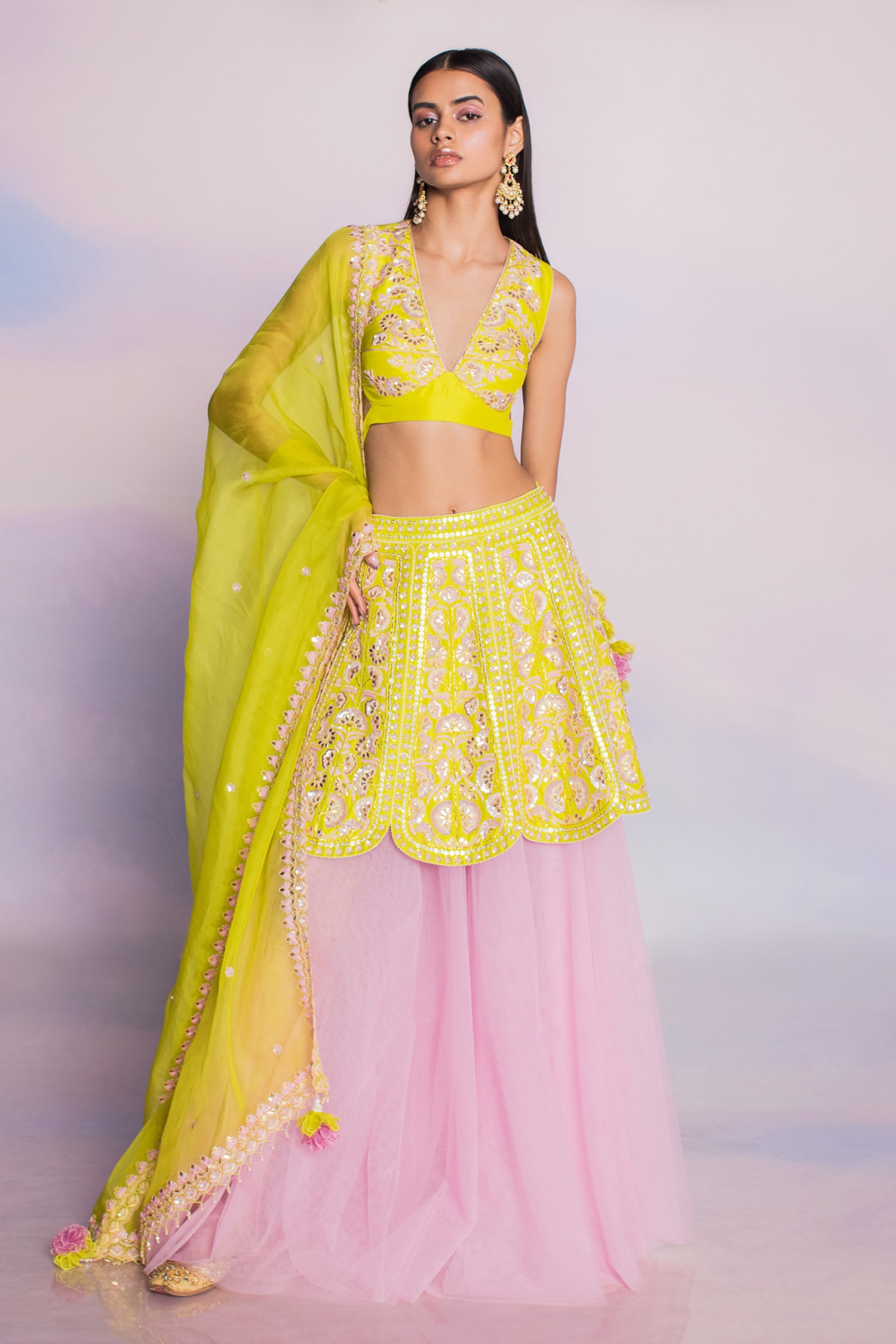 Buy MADZIN Green Cotton Satin Two Tone Gota Hand Embroidered Lehenga ...