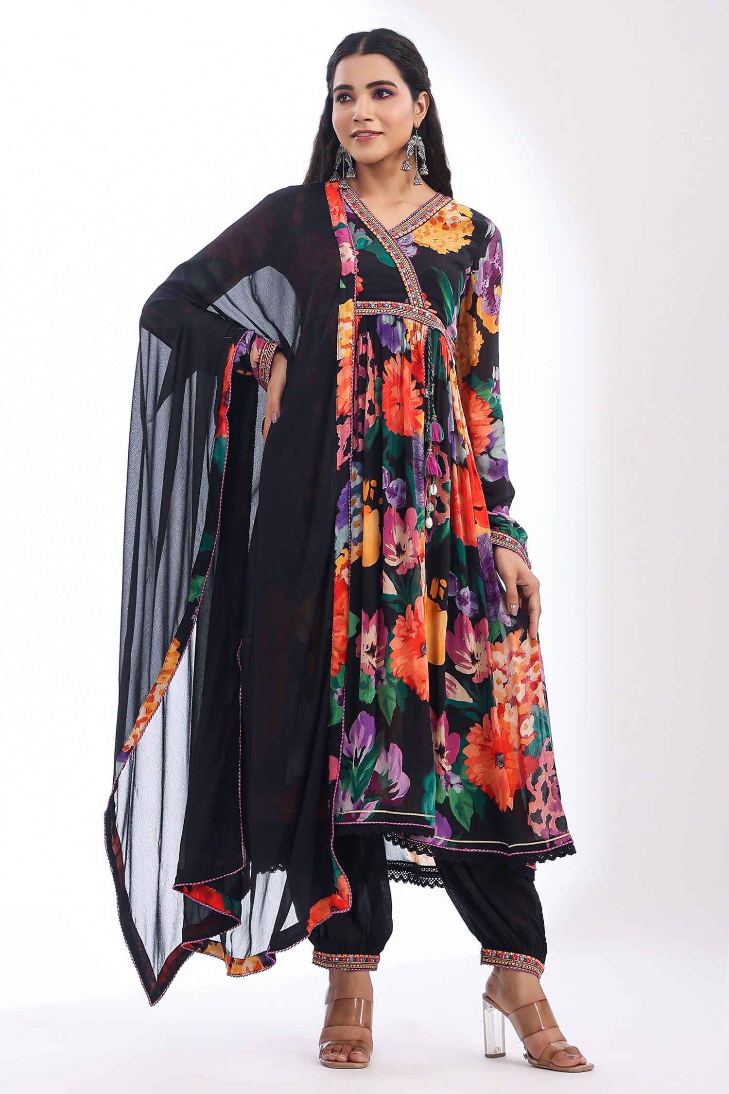 Buy Black Anarkali Crepe Printed Floral V Neck Flower Set For Women by ...