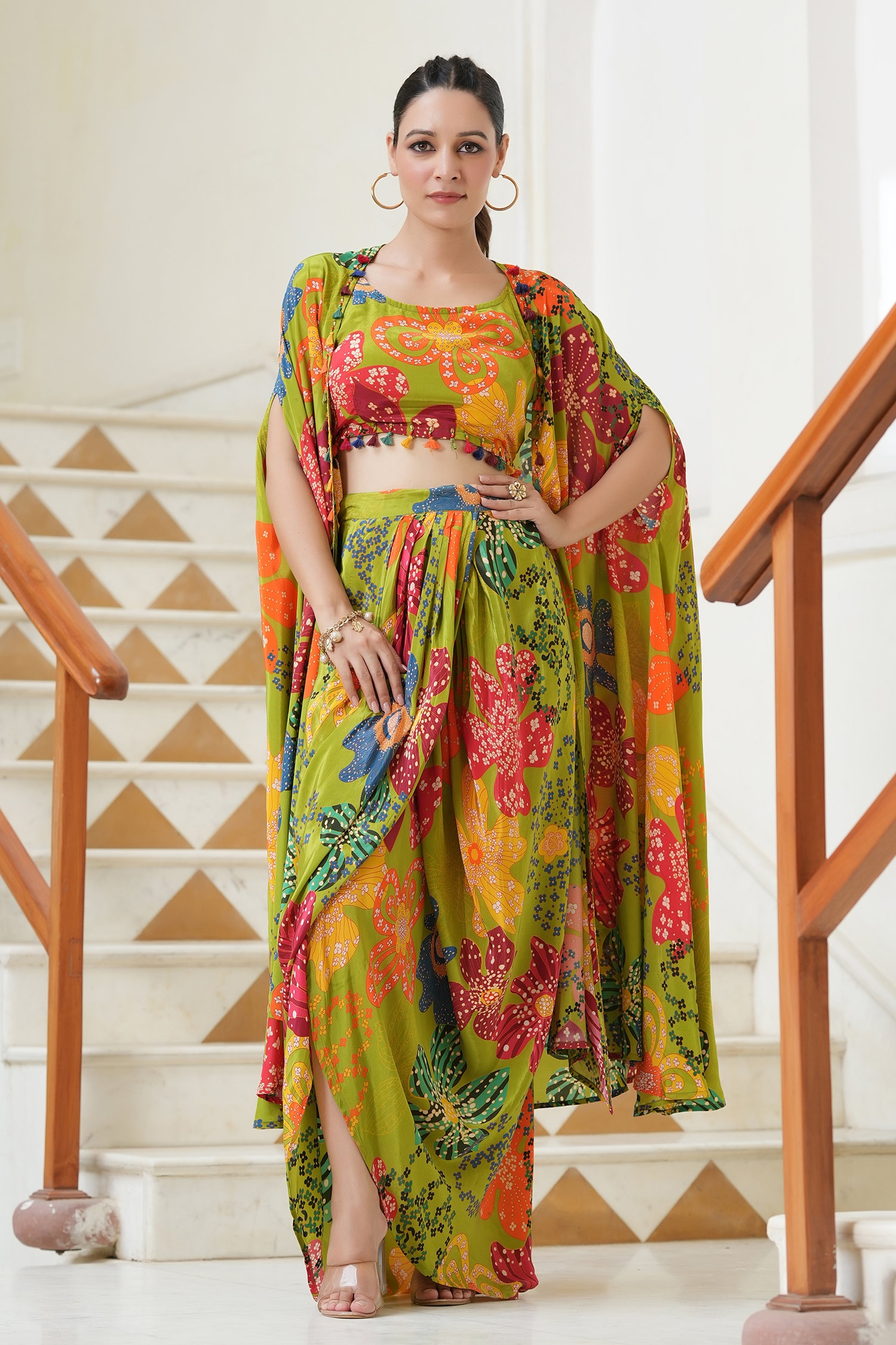 Buy Green Crepe Floral Cape Open Pattern Jacket Draped Skirt Set For ...