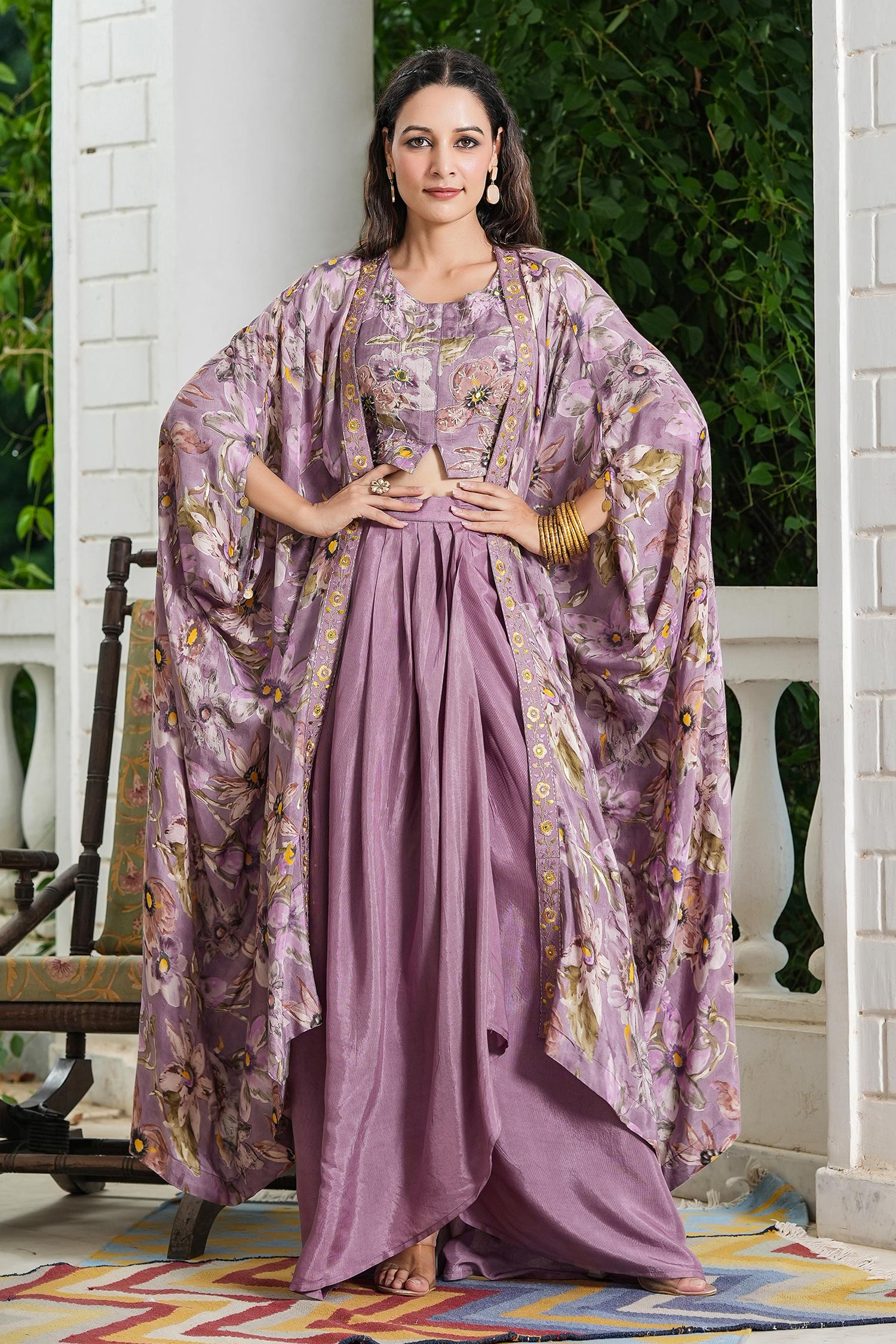 Buy Purple Shrug And Blouse Muslin Garden Pattern Draped Skirt Set For ...