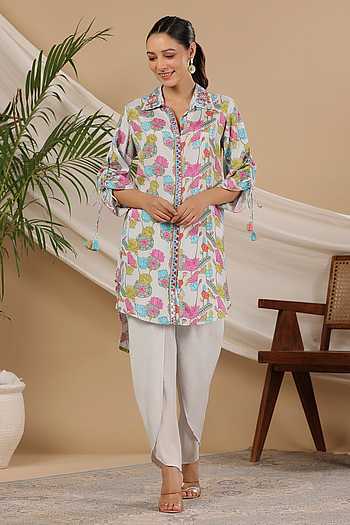 Buy White Tunic Muslin Lotus Collar Pattern And Tulip Pant Set For ...