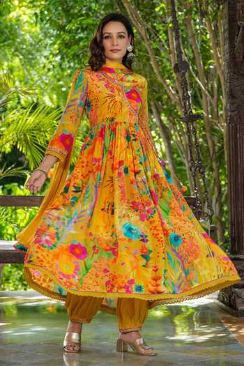 Buy Yellow Anarkali Crepe Printed Floral V Flower Garden Angarkha Set ...