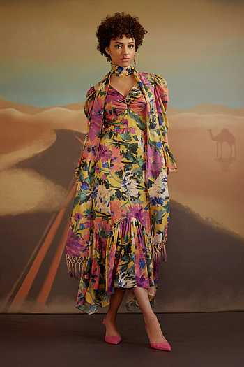 Buy Verb by Pallavi Singhee Yellow Viscose Crepe Floral Print Midi ...