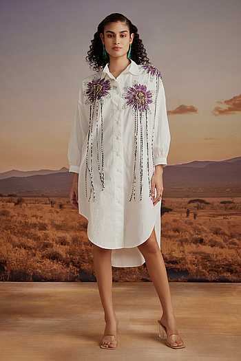 Buy Verb By Pallavi Singhee Ivory Cotton Poplin Patchwork Sequins