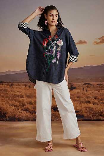 Buy Verb By Pallavi Singhee Blue Cotton Poplin Patchwork Embroidered