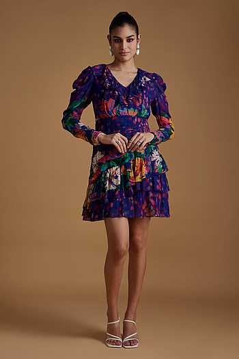 Buy Verb by Pallavi Singhee Blue Viscose Georgette Floral Print Frilled ...