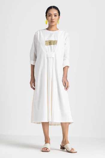 Buy Ivory Cotton Poplin Embroidered Thread Round Overlay Panel Dress ...