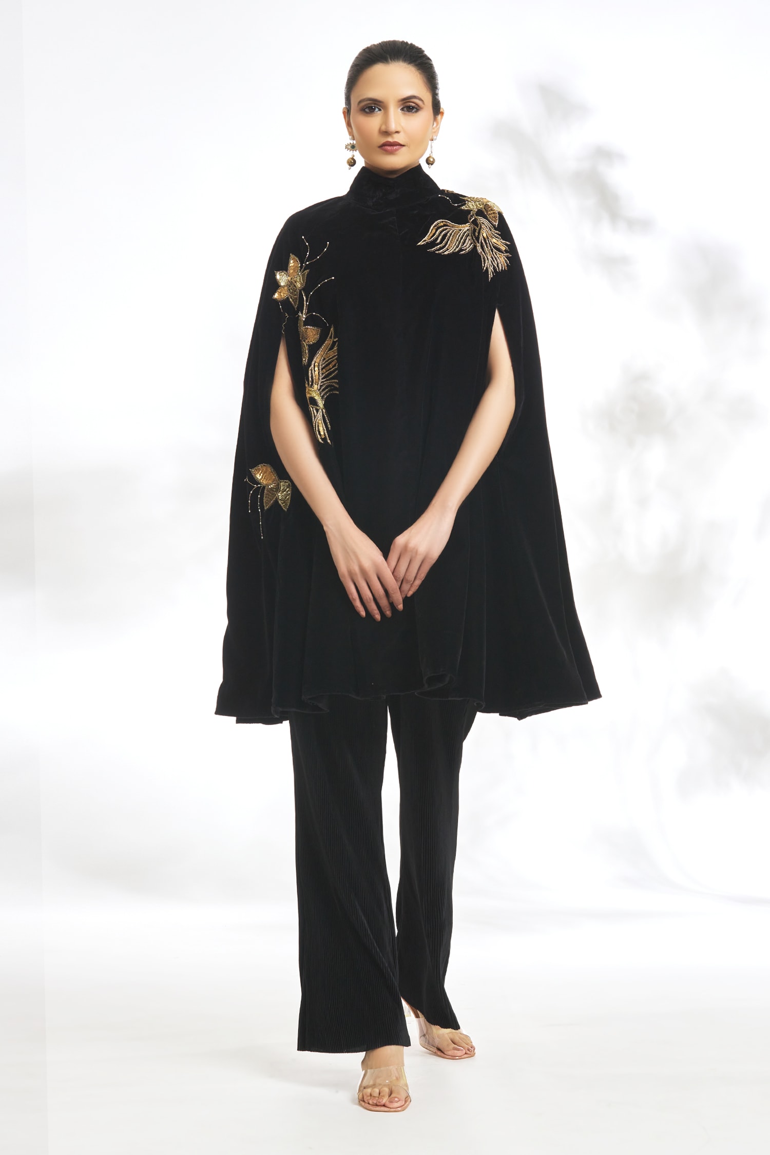 Buy Black Velvet Embroidered Sequin High Collar Asymmetric Cape For ...