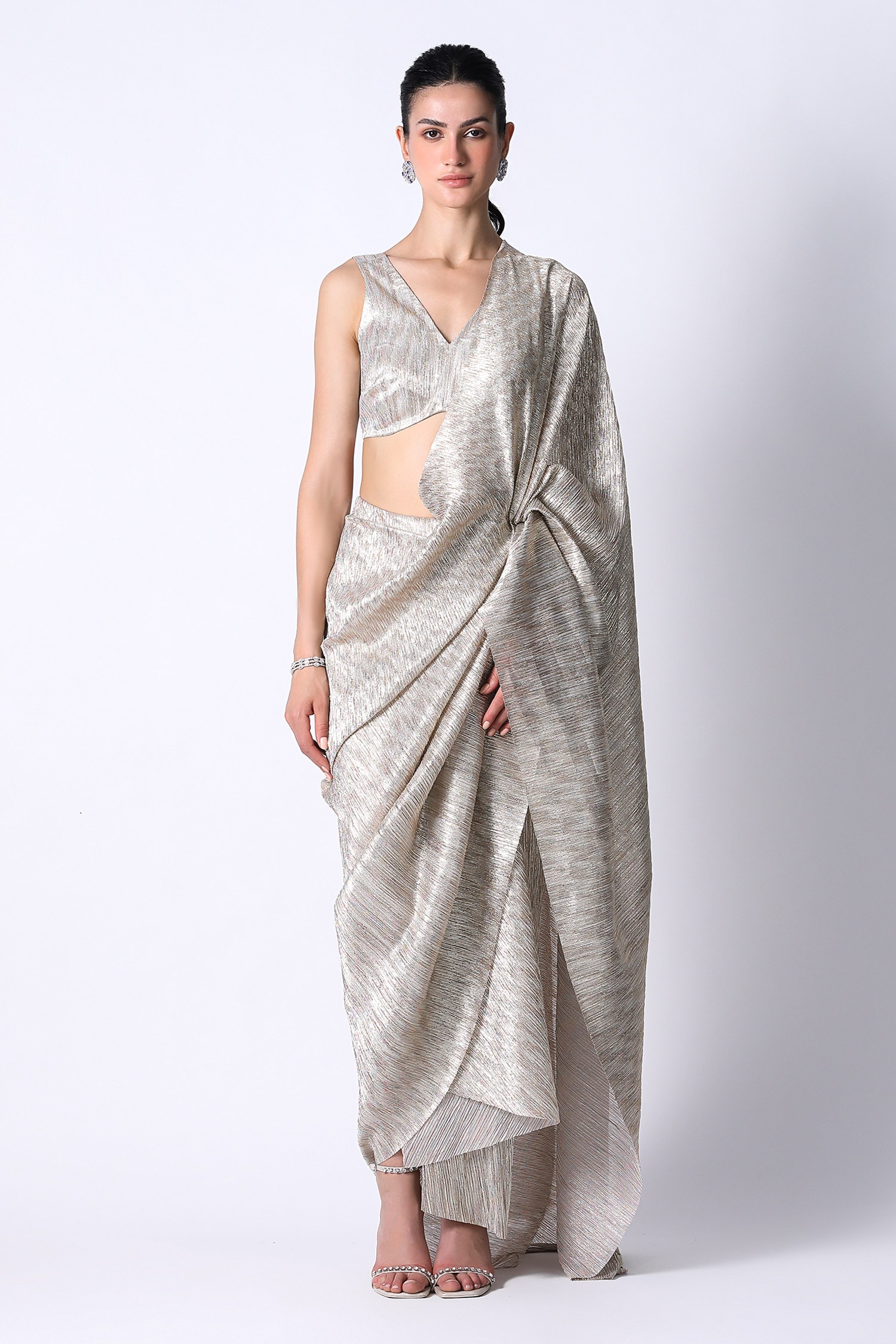 Buy 431-88 by Shweta Kapur Beige Cosmos Pleated Pre Draped Saree With ...