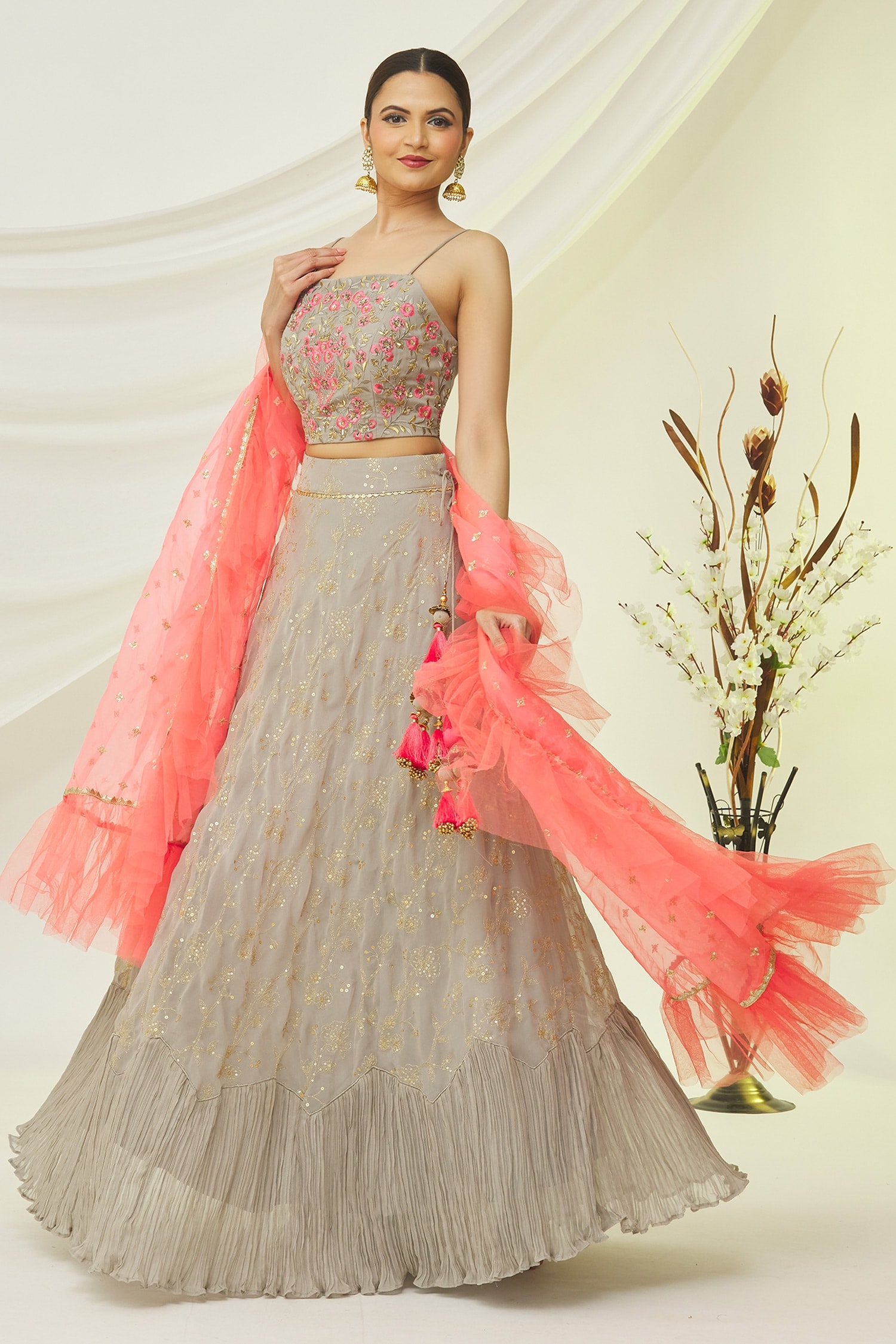 Buy Grey Georgette Embroidered Floral Square Neck Crop Top And Lehenga ...