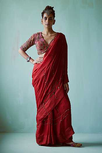 Buy Medha Chiffon Hand Embroidered Saree With Blouse Online | Aza Fashions