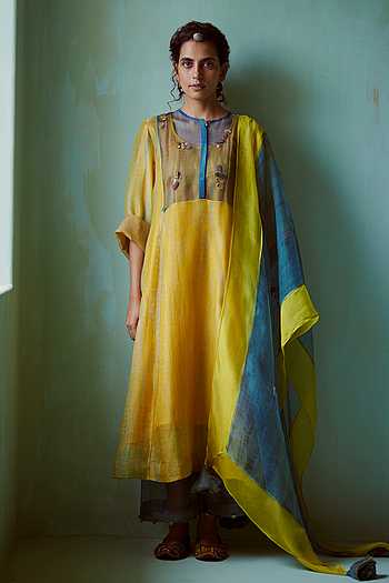 Buy Yellow Chanderi Hand Embroidered Tie-dye Pattern Sheer Tunic Pant ...