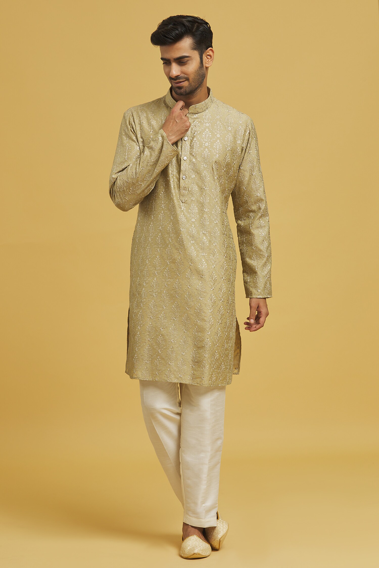 Buy Beige Cotton Silk Embroidered Chikankari Kurta Set For Men by RNG Safawala Online at Aza ...