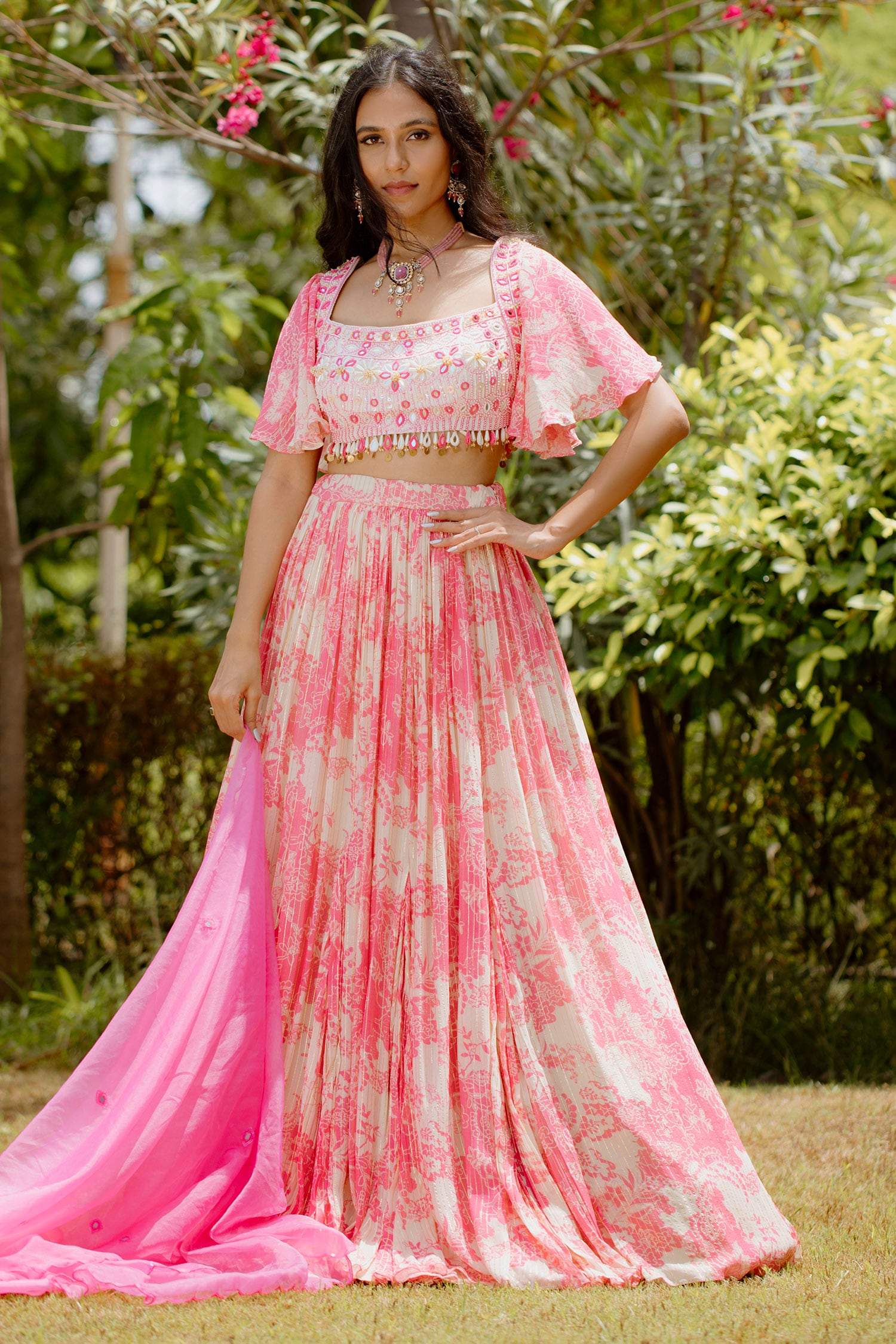 Buy Pink Viscose Georgette Print Pearls Square Bloom Garden Lehenga ...