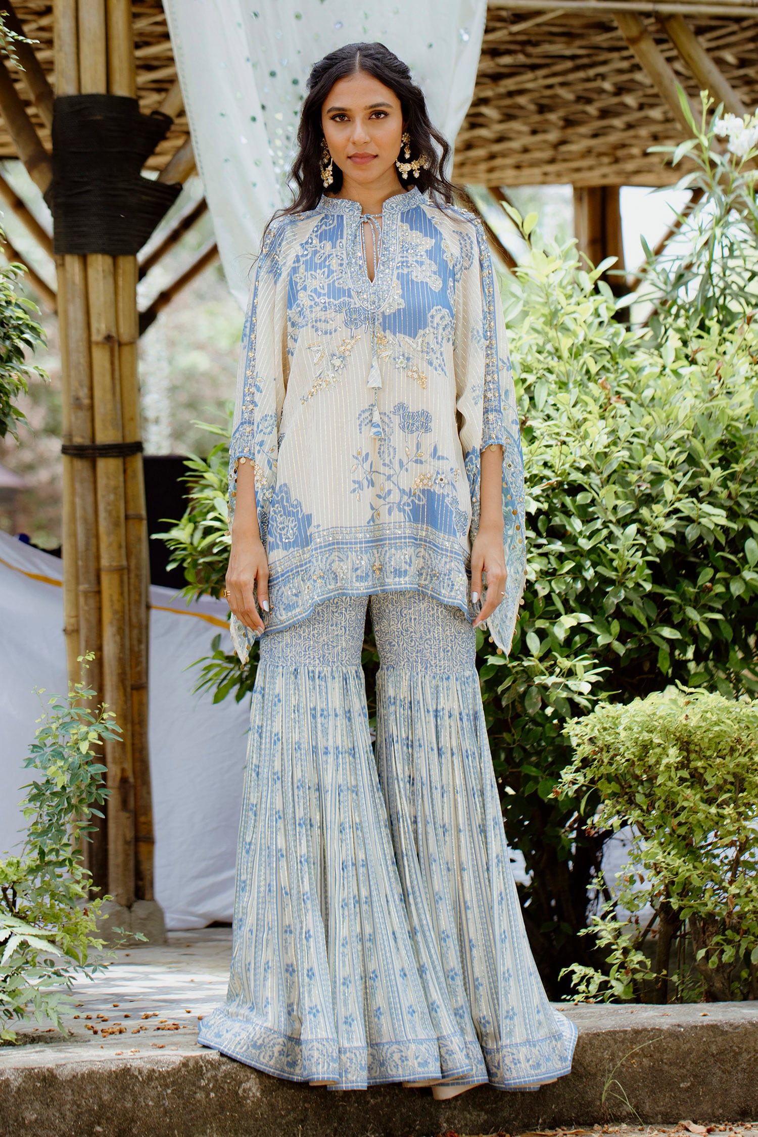 Buy Blue Viscose Georgette Print Sequins Stand Blossom Top With Sharara ...