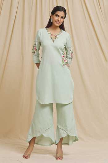 Buy Green Linen Cotton Embroidery Rosa Garden Keyhole Neck Kurta With ...
