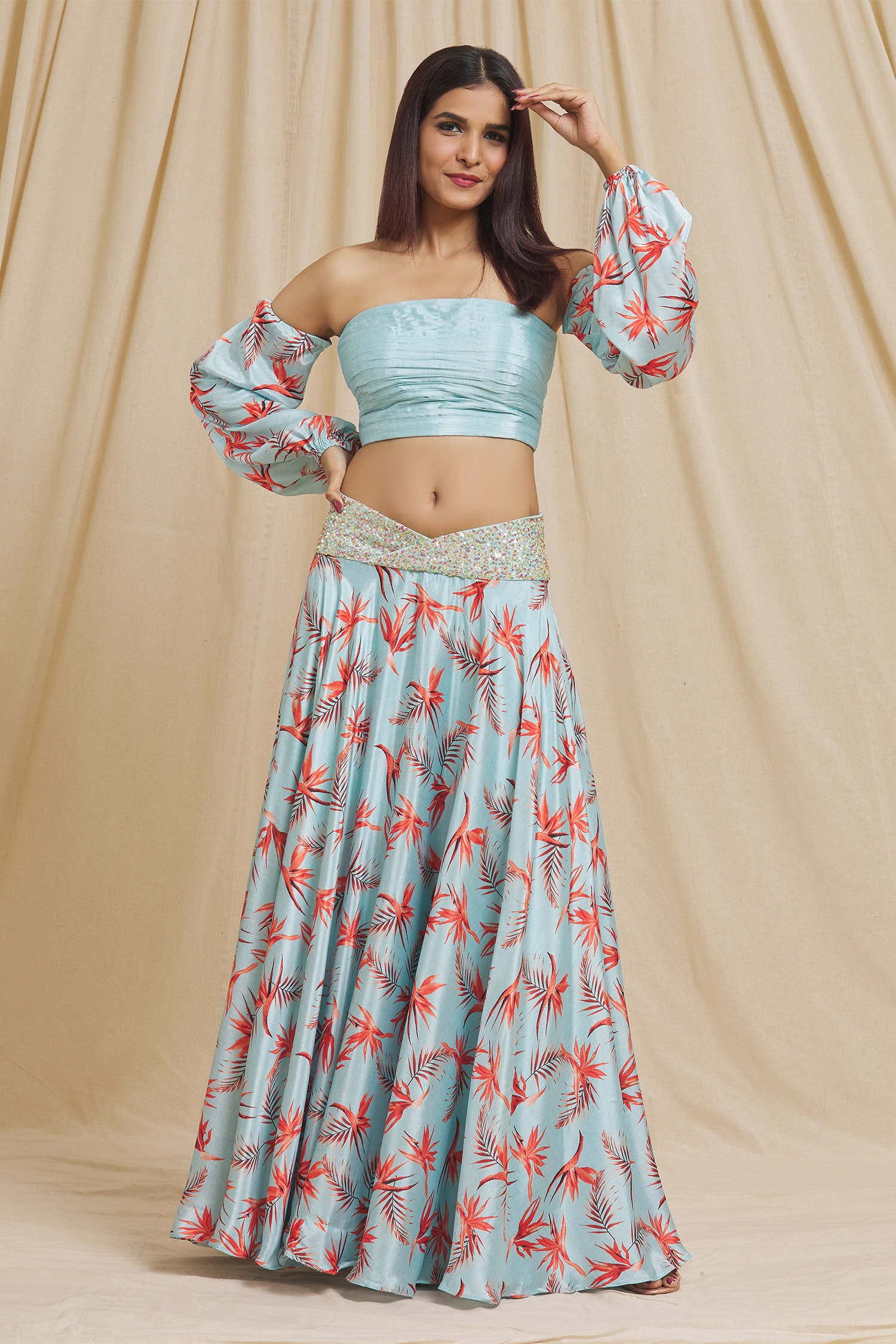 Buy Tarini Vij Blue Imported Satin Tiger Lily Print Skirt With Off ...