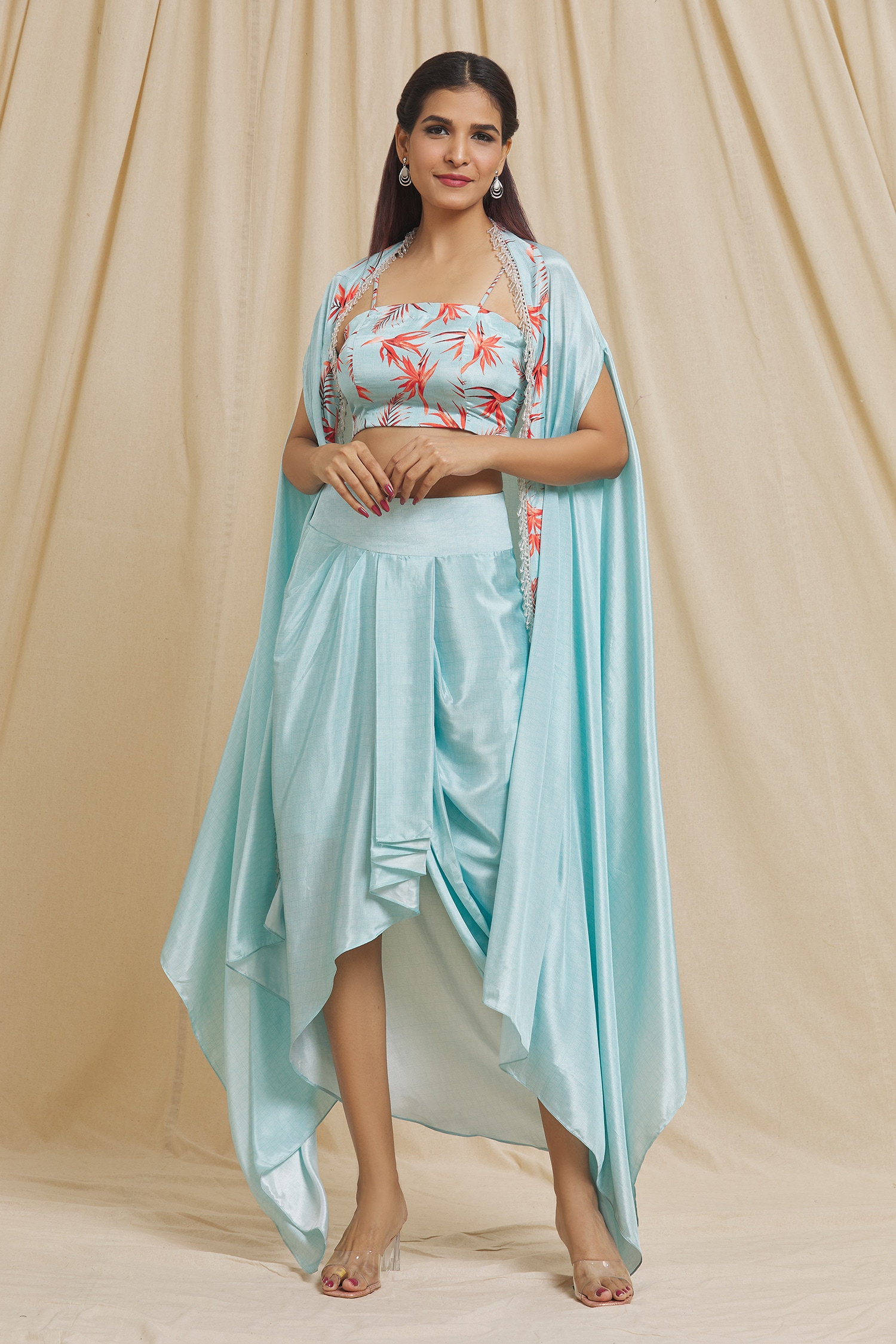 Buy Blue Imported Satin Print Tiger Lily Bustier Cape Draped Skirt Set ...