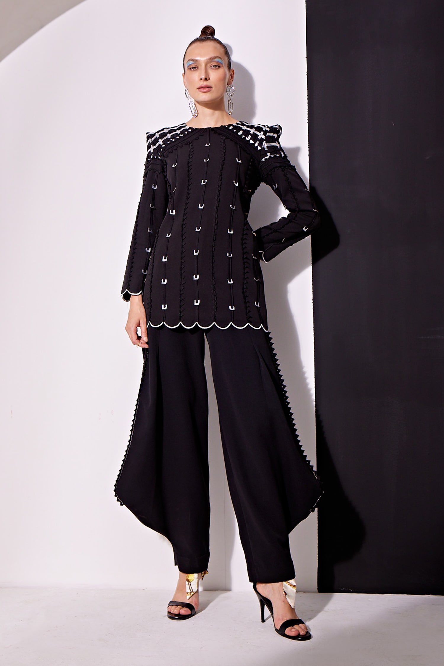 Buy Vidhi Wadhwani Black Stretch Crepe Alex Fringe Applique Top With ...