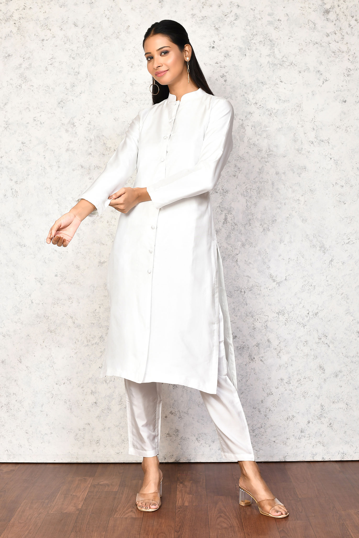 Buy White Taffeta Silk Mandarin Button Down Jacket And Pant Set For ...