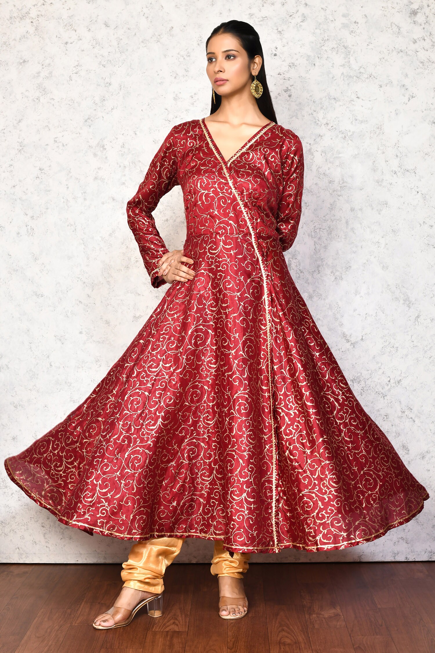 Buy Maroon Anarkali And Churidar: Shantoon Print Vine Butti Mandala ...