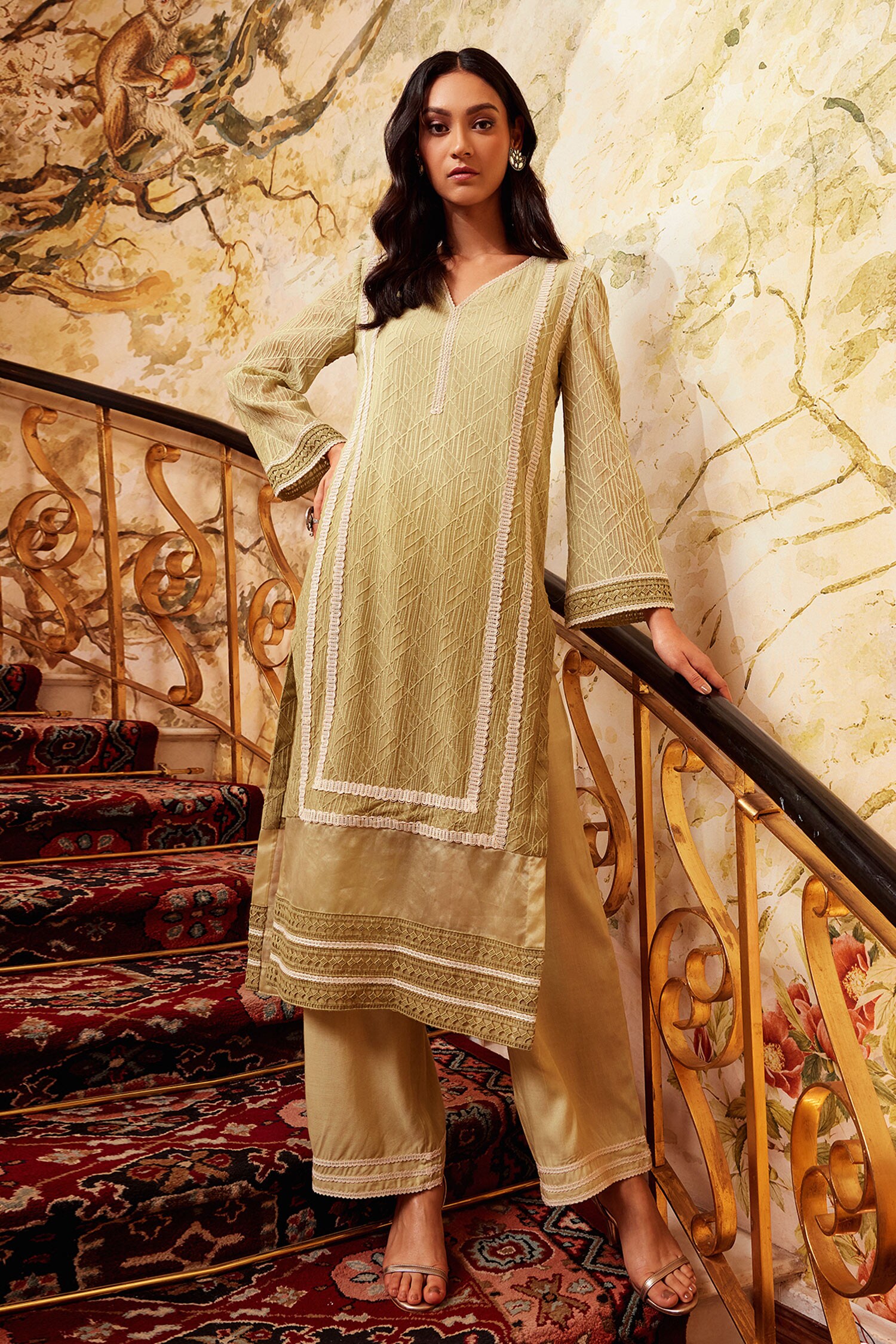 Buy QALA CLOTHING Green Cotton Chanderi Rooh Rosa Embroidered Kurta And ...