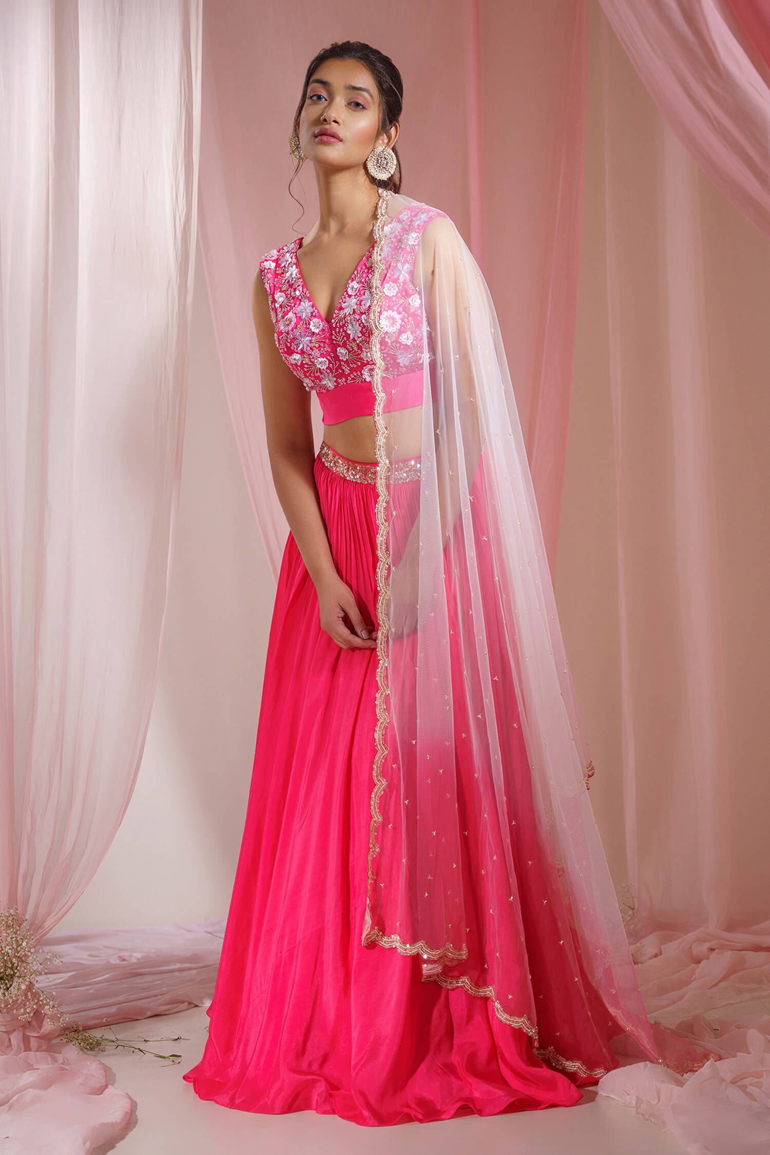 Buy Pink Tussar Silk Embroidery Sequin V Neck Floral Blouse Lehenga Set ...