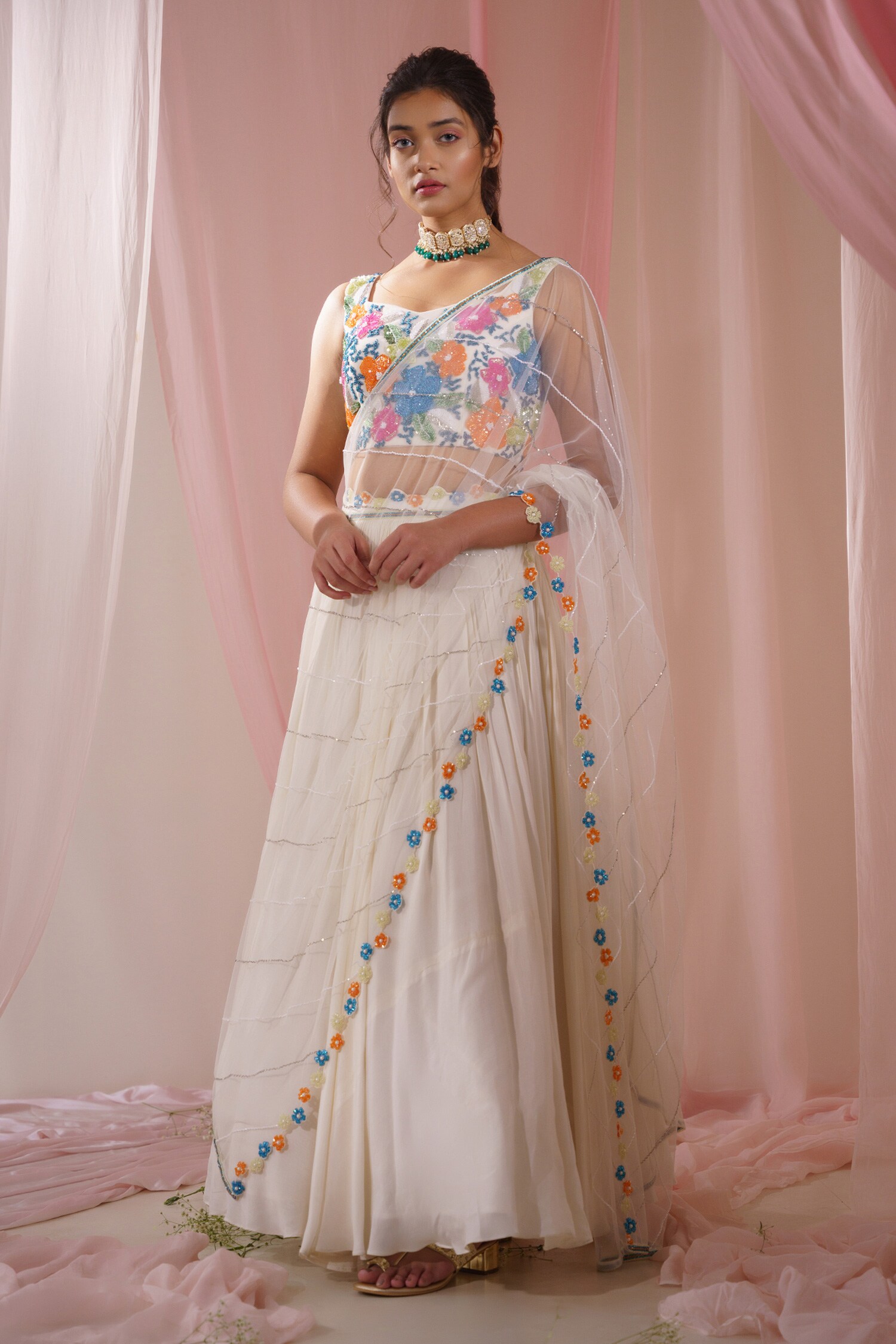 Buy KRINA PATEL White Tussar Silk Floral Waistband Embroidered Lehenga ...