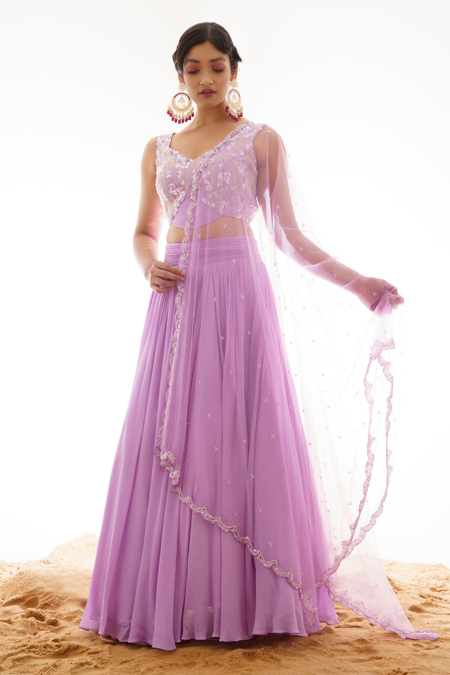 Buy Purple Georgette Embroidery Sequin Leaf Neck Bead Blouse Lehenga ...