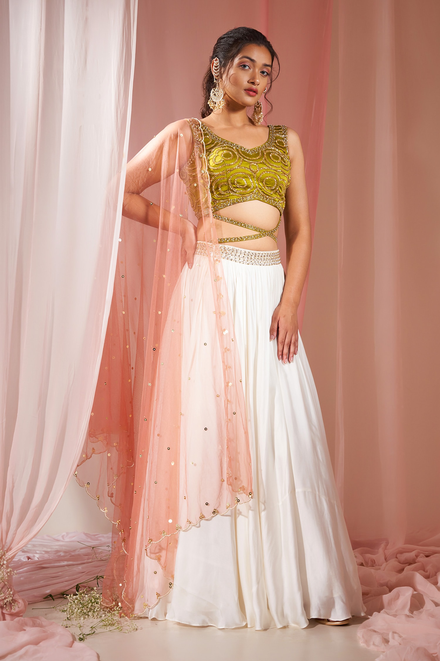 Buy White Linen Satin Embroidery Waistband Pleated Lehenga Blouse Set ...