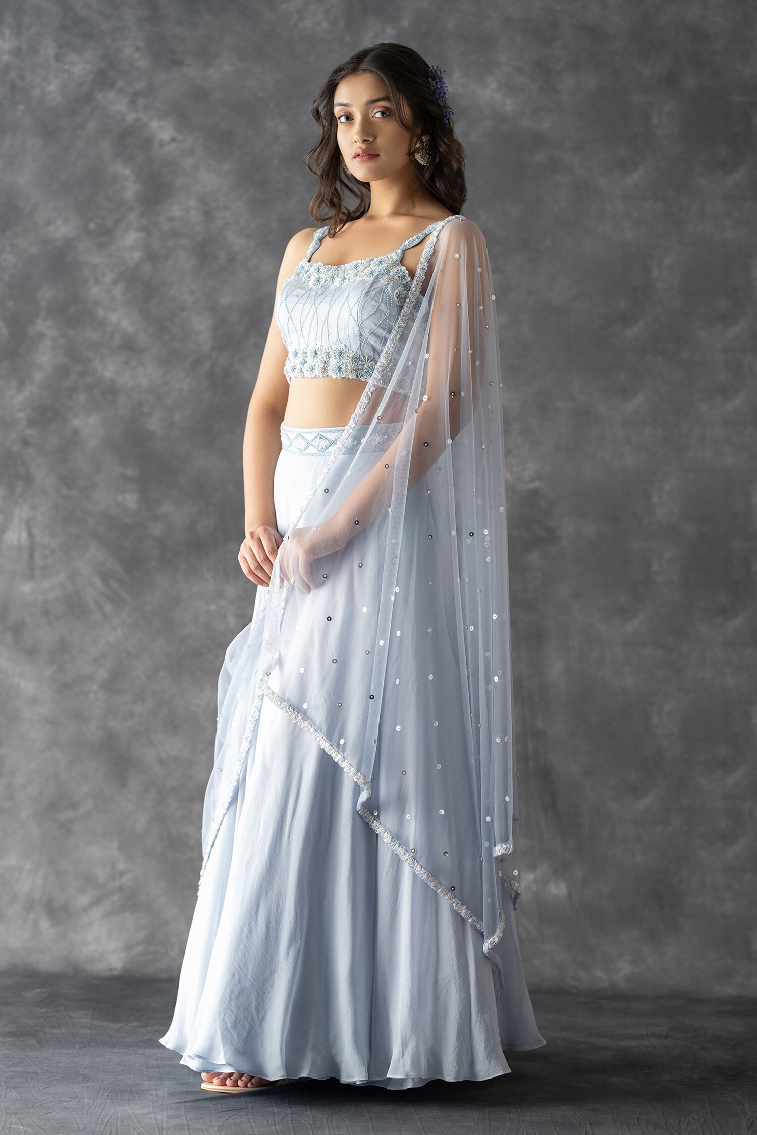 Buy KRINA PATEL Blue Organza Geometric Waistband Embroidered Lehenga ...