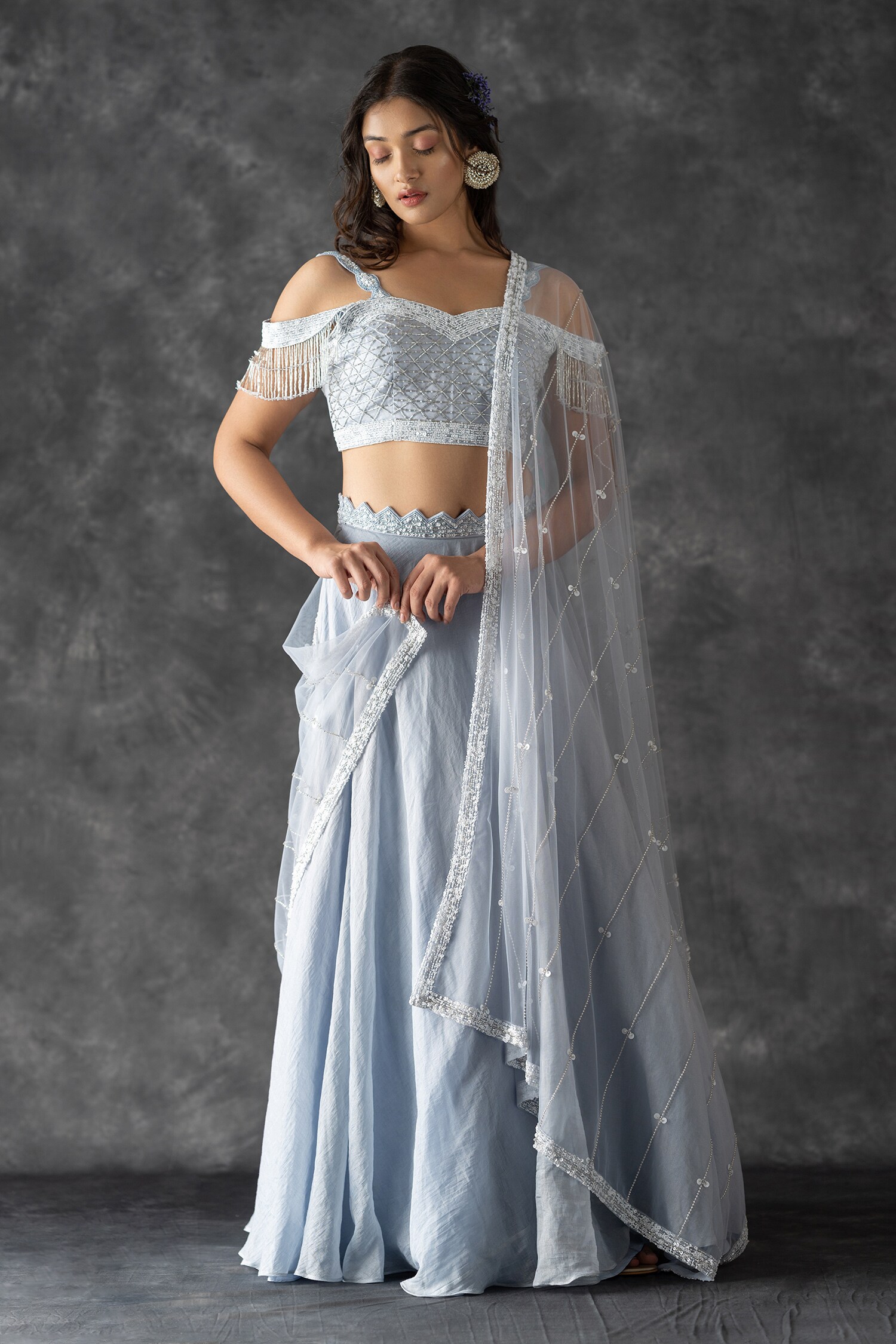 Buy KRINA PATEL Blue Linen Satin Bead Waistband Embroidered Lehenga Set ...