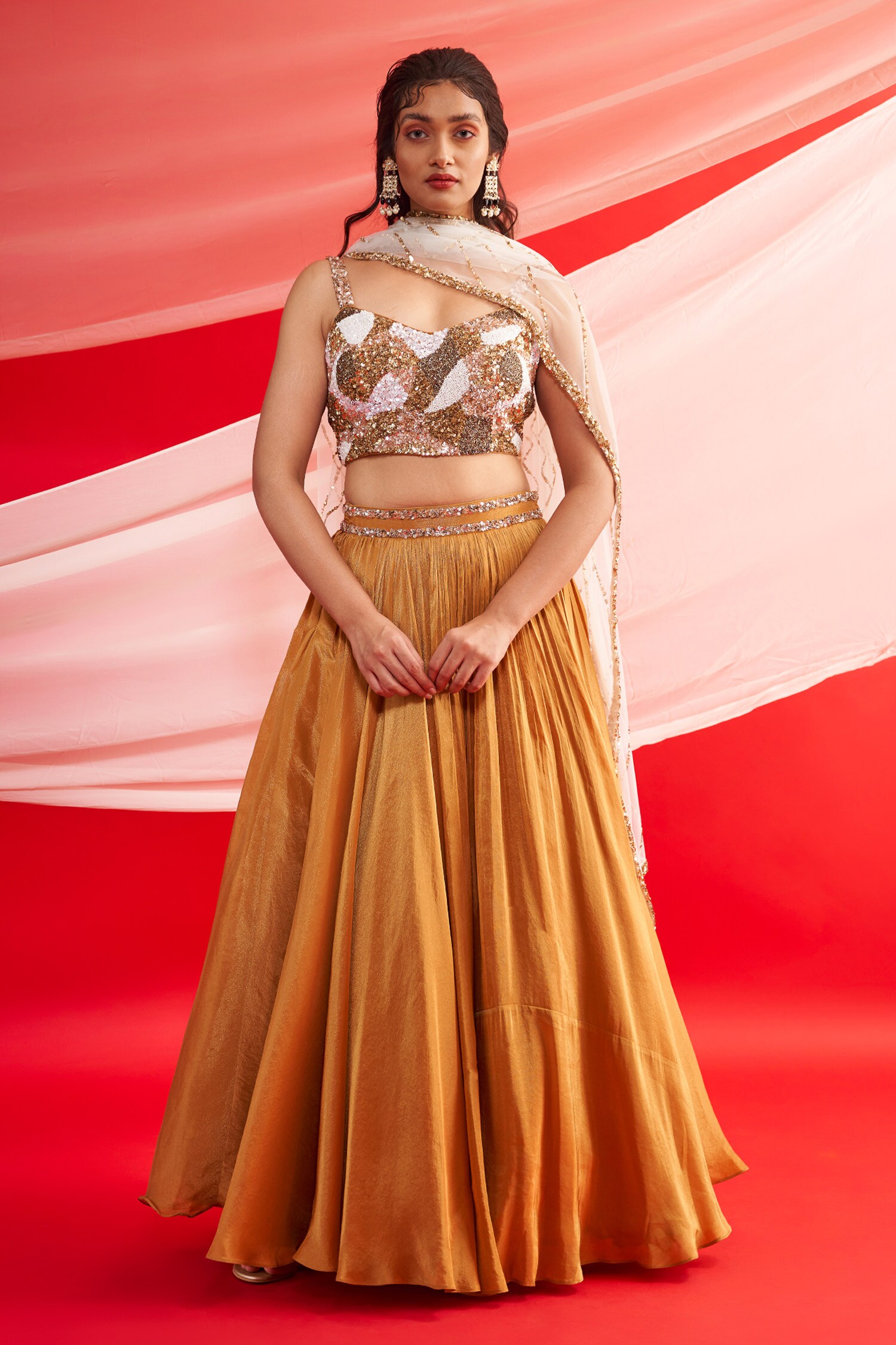 Buy KRINA PATEL Gold Linen Satin Placement Embroidered Lehenga Blouse ...