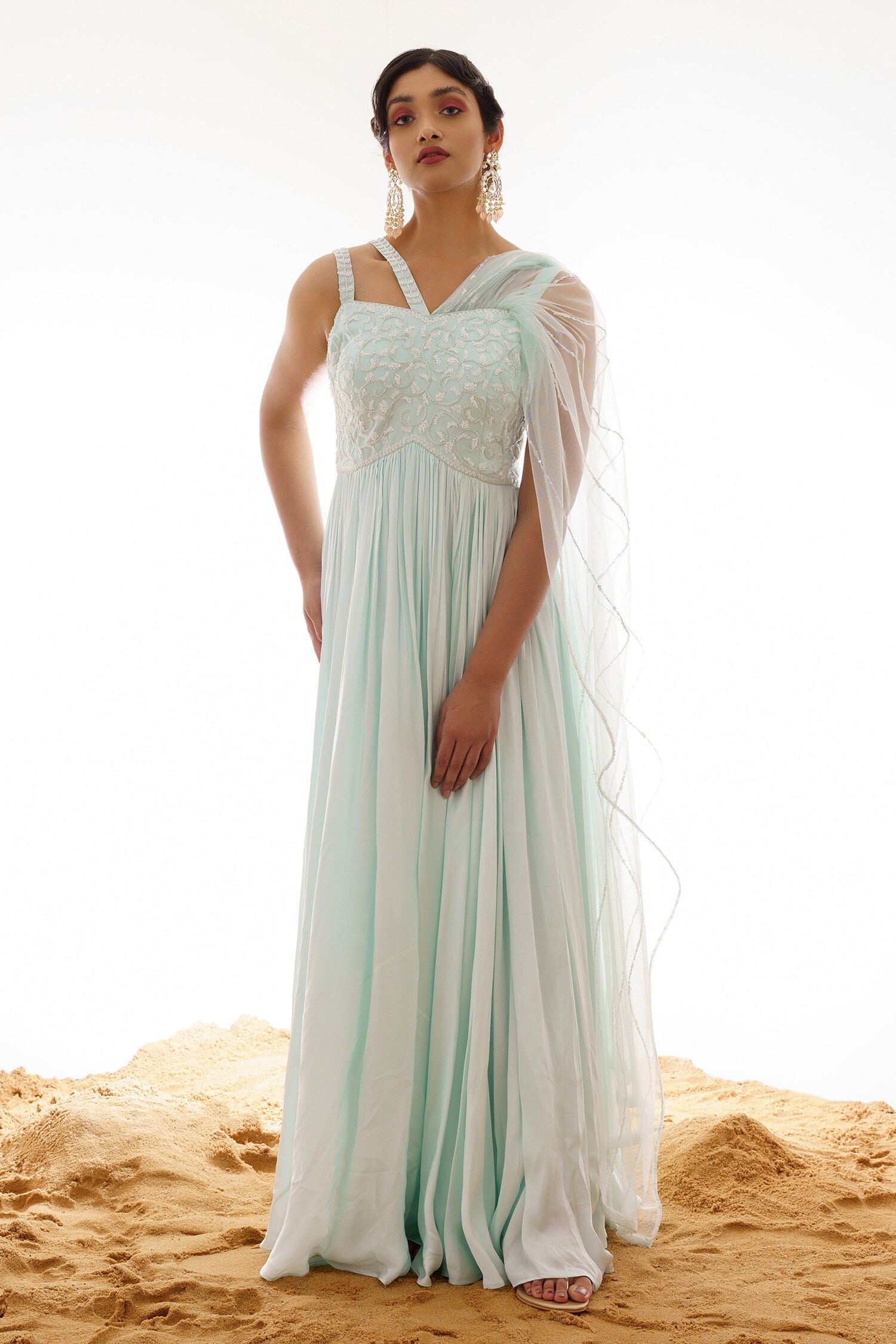 Buy KRINA PATEL Green Linen Satin Yoke Embroidered Draped Gown Online ...