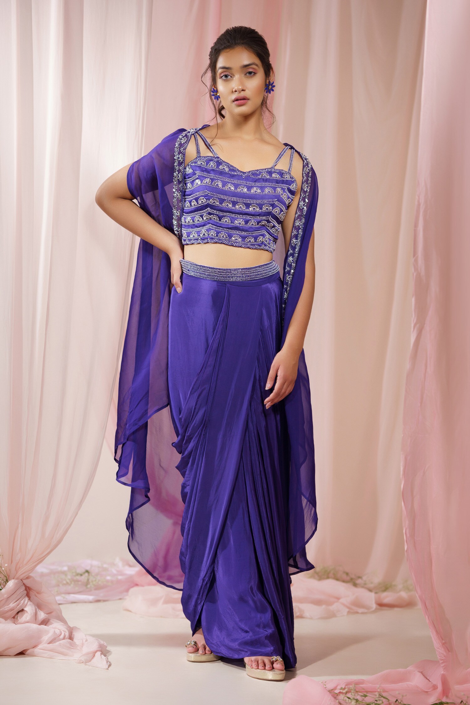 Buy KRINA PATEL Blue Linen Satin Border Embroidered Shrug Draped Skirt ...