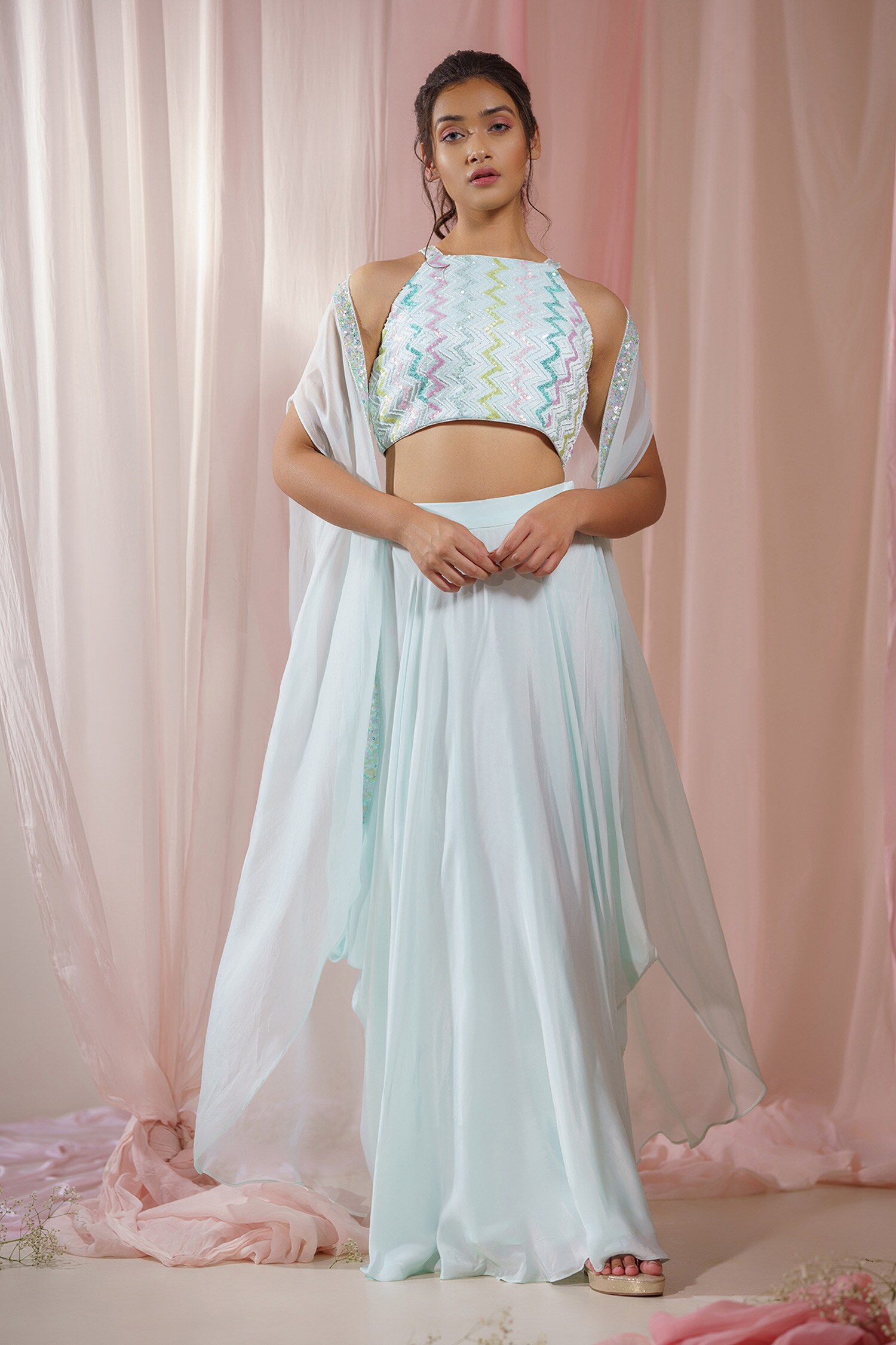 Buy KRINA PATEL Blue Linen Satin Border Embroidered Shrug Skirt Set ...