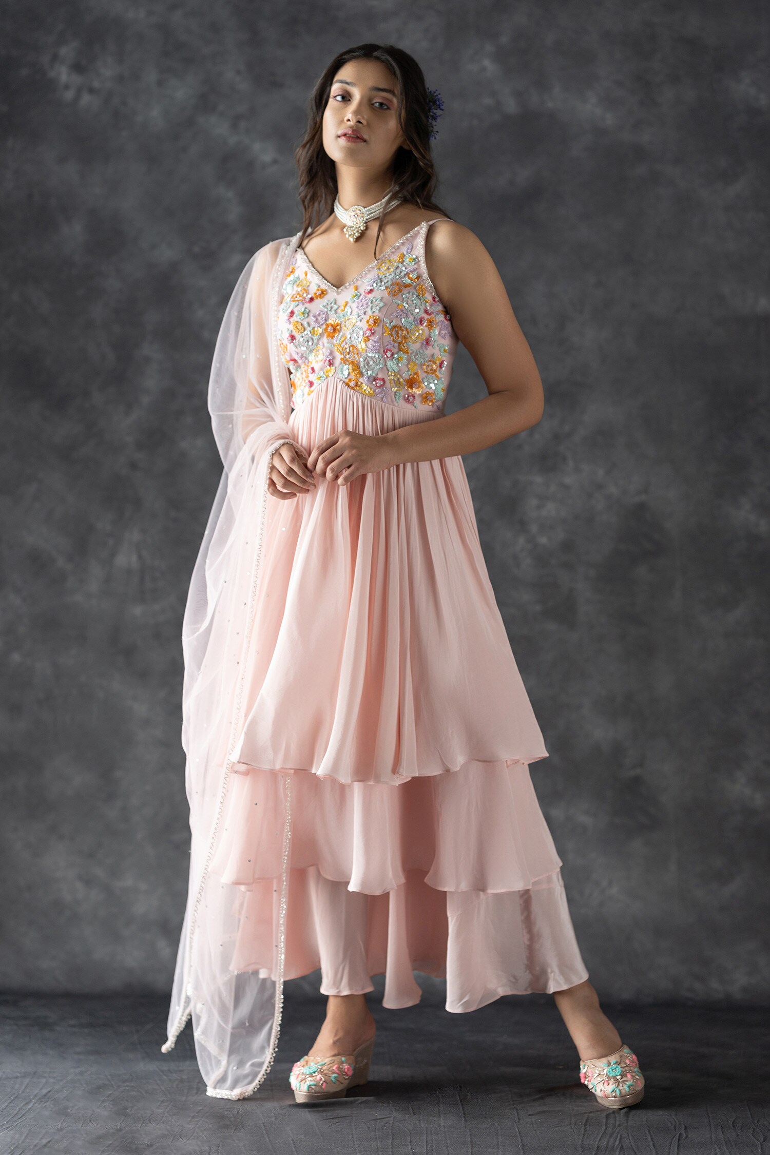 Buy Pink Linen Satin Embroidery Sequin Layered Anarkali With Dupatta ...