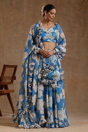 Buy Blue Organza Sweetheart Gul Fiza Floral Pattern Lehenga Set For ...