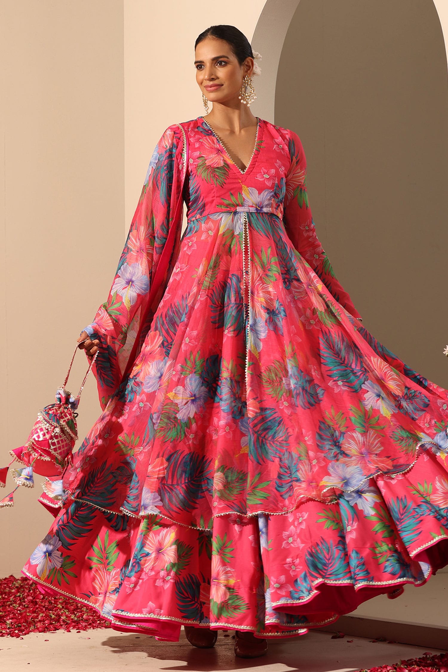 Buy Pink Anarkali And Dupatta Chiffon Gul Qudrat Pattern Lehenga Set For Women by POMCHA JAIPUR ...