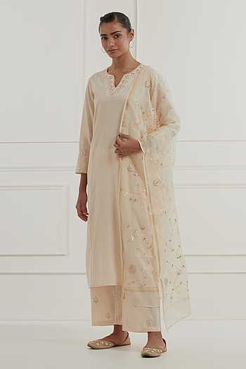 Buy Peach Cotton Slub Hand Embroidery Placement Pitta Kurta Pant Set ...